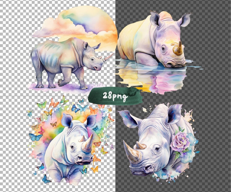 Rhinoceros Watercolor Clipart Bundle, Cute Baby Rhino PNG, Wild Safari ...