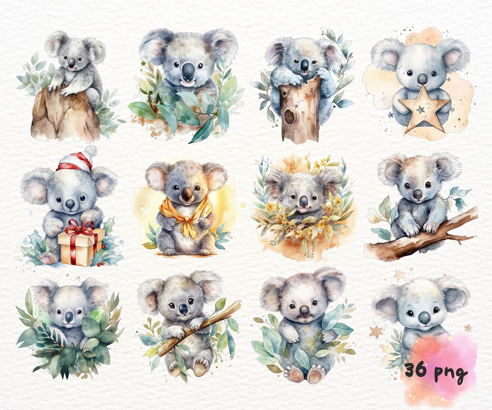 Chubby Koalas Watercolor Clipart Cute Kawaii Cartoon Koalas, Baby ...