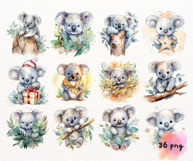 Chubby Koalas Watercolor Clipart Cute Kawaii Cartoon Koalas, Baby ...