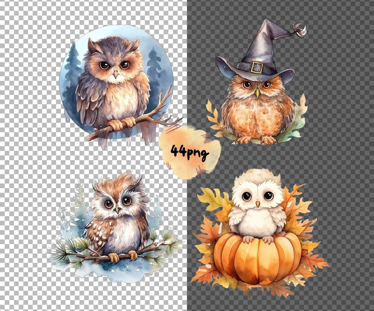 Chubby Owls Watercolor Clipart - Cute Kawaii Cartoon Owls, Baby Owls ...