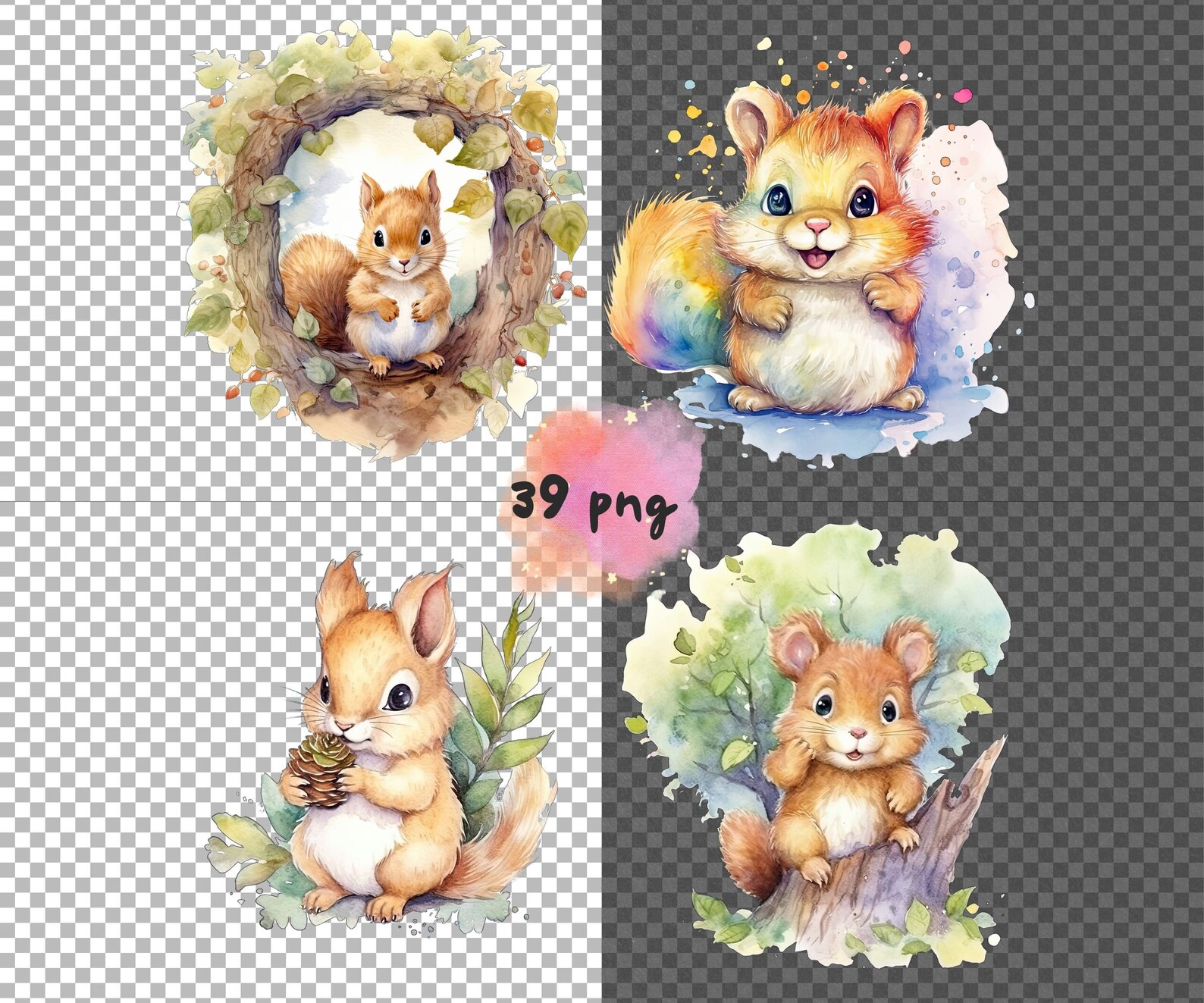 Chubby Squirrels Watercolor Clipart Cute Kawaii Cartoon Squirrels, Baby ...