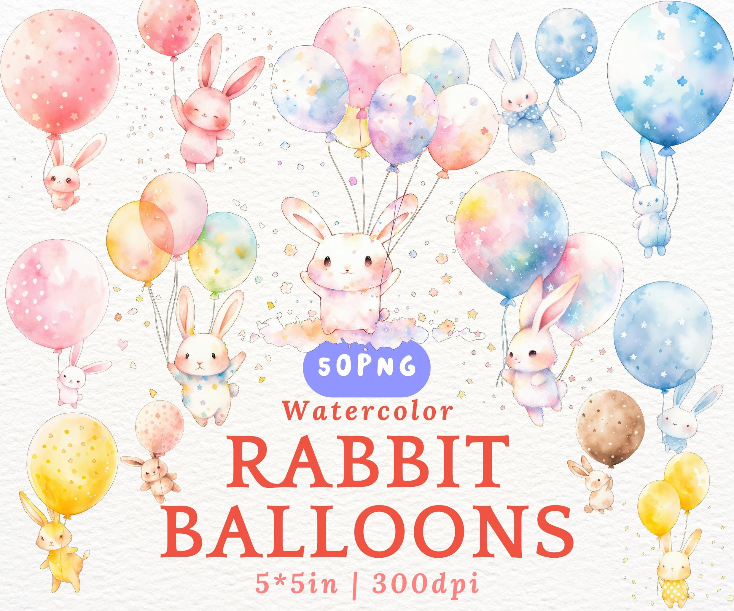 Watercolor Rabbit Balloon Cliparts, Kawaii Cartoon Balloon With Bunny ...