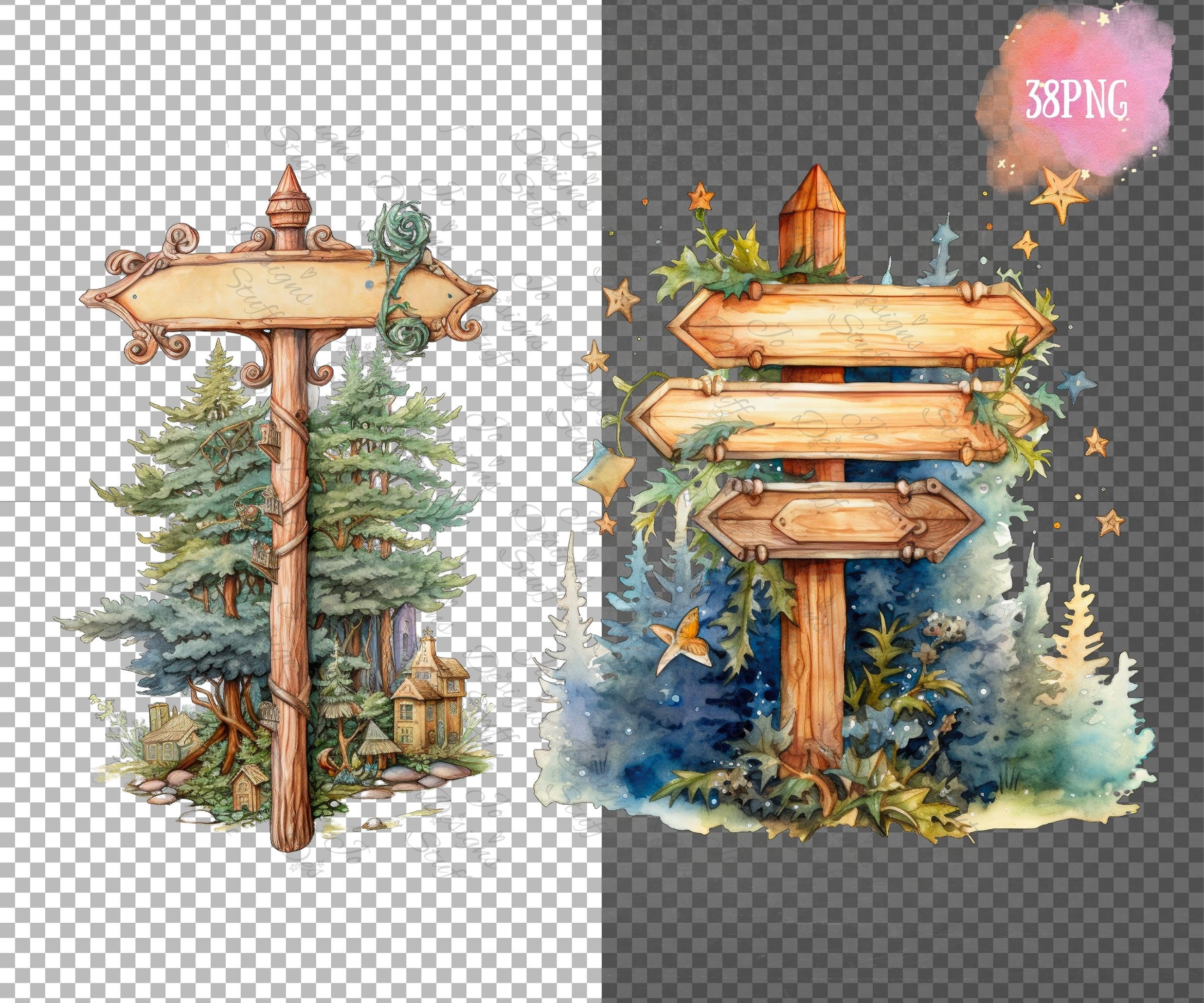 Watercolor Wooden Sign Clipart, Vintage Forest Magical Road Signs With ...