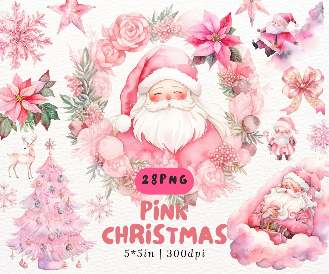 Pink Santa Claus Clipart,watercolor Pink Christmas Tree Clip Art Bundle ...