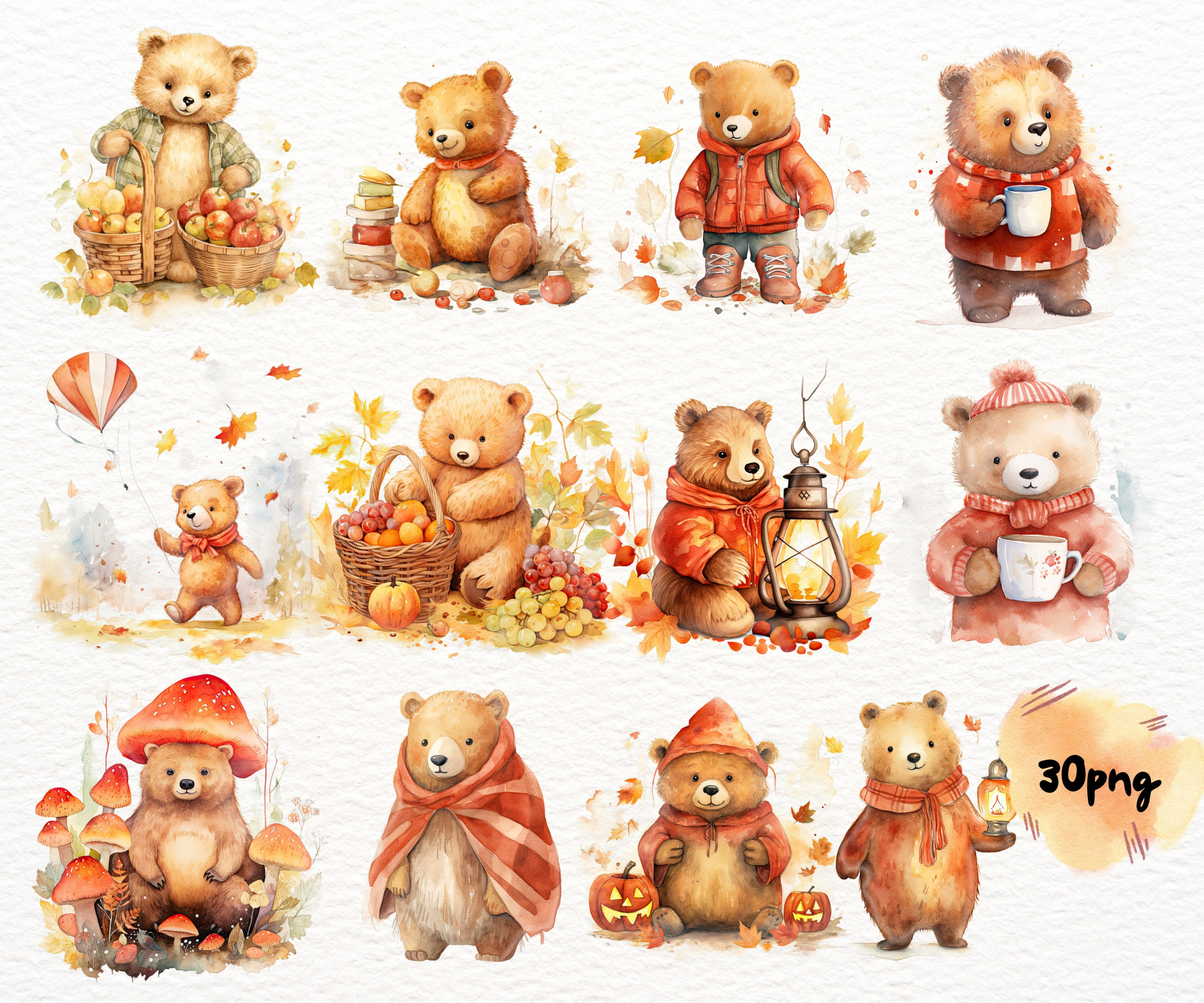 Autumn Bear Clipart, Kawaii Cartoon Cuddly Bear With Fall Leaves, Cute ...