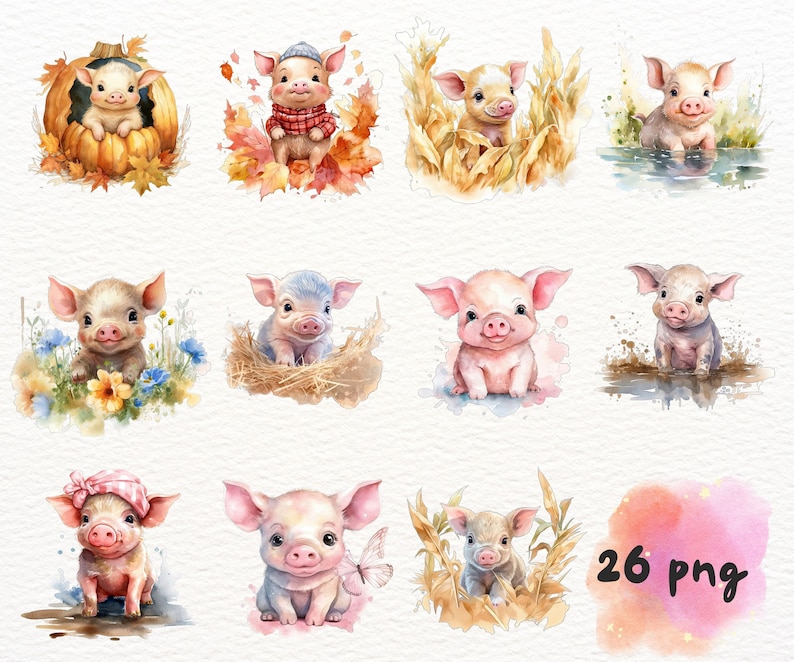 Chubby Piglets Watercolor Clipart Cute Kawaii Cartoon Piglets, Baby ...