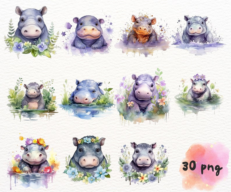 Chubby Hippos Watercolor Clipart - Cute Kawaii Cartoon Hippos, Baby ...