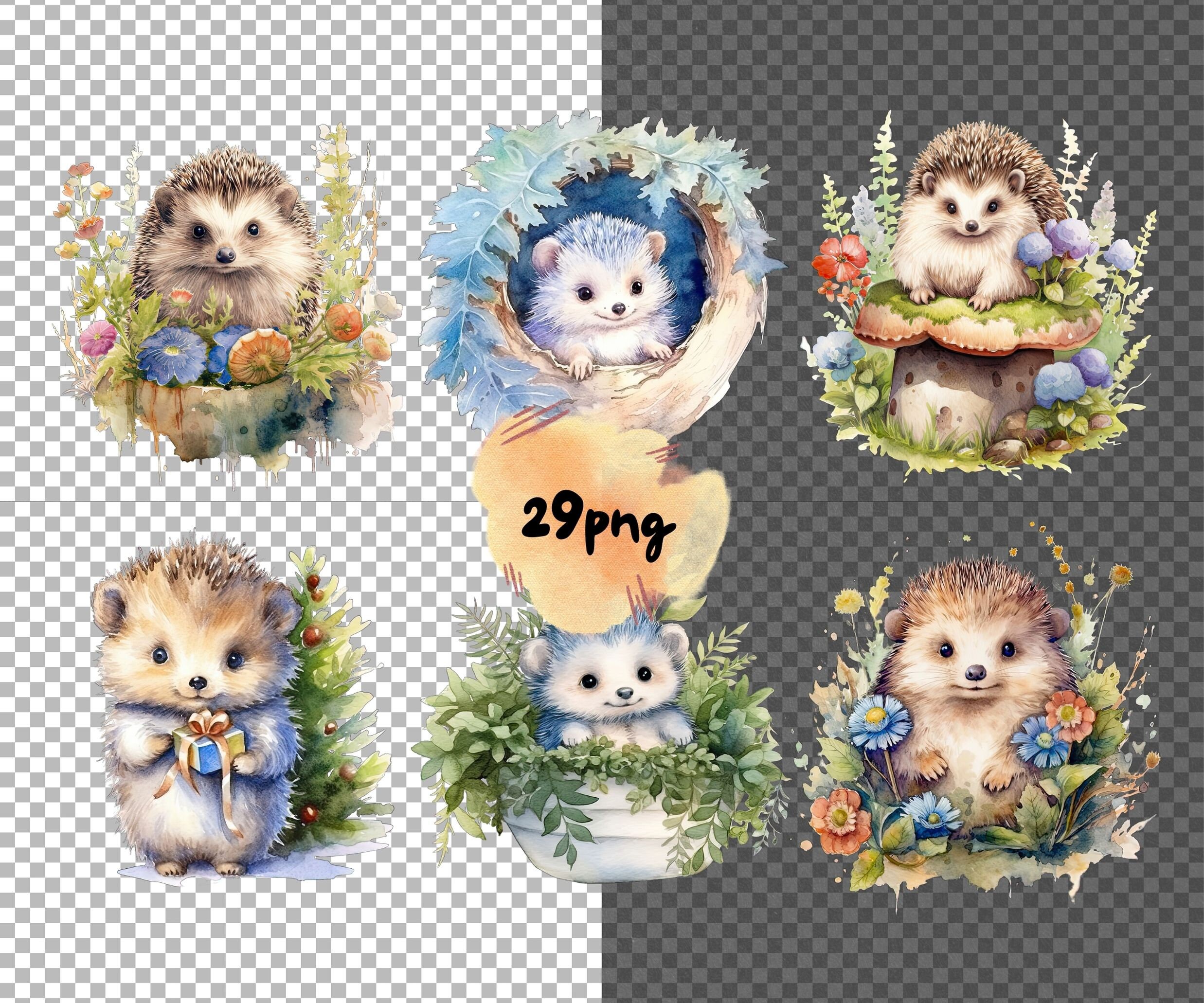 Chubby Hedgehogs Watercolor Clipart Cute Kawaii Cartoon - Etsy