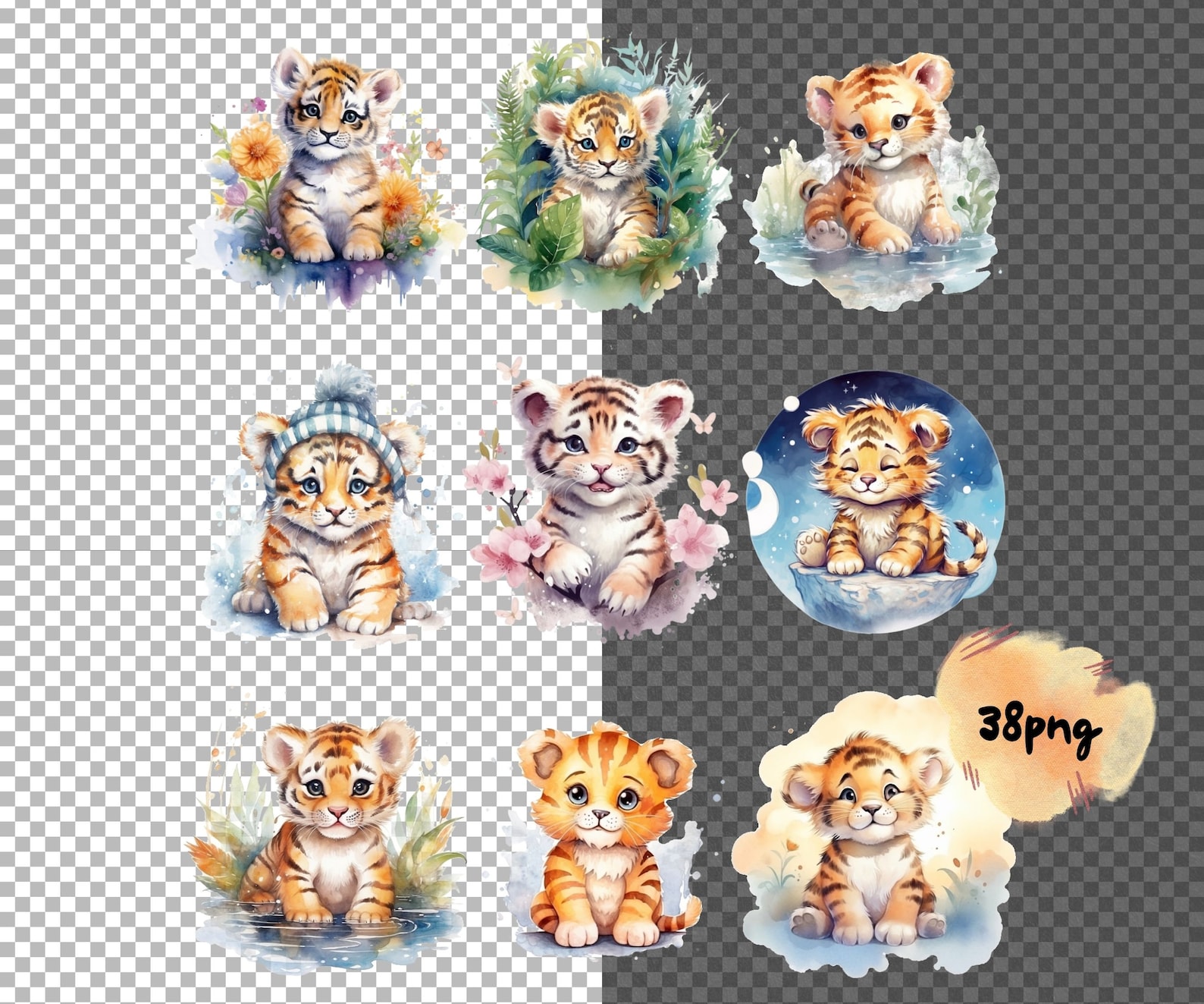 Chubby Tiger Watercolor Clipart - Kawaii Cartoon Tiger Art, Baby Tigers ...