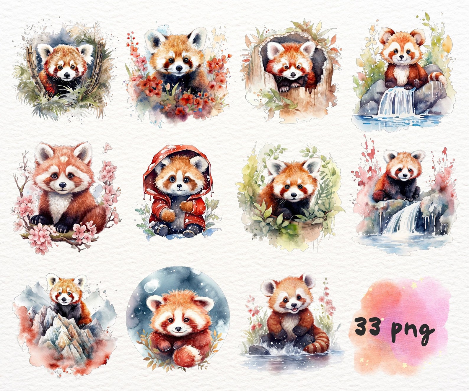 Chubby Red Pandas Watercolor Clipart Cute Kawaii Cartoon Red Pandas ...