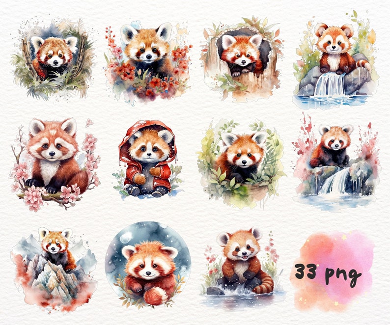 Chubby Red Pandas Watercolor Clipart - Cute Kawaii Cartoon Red Pandas ...