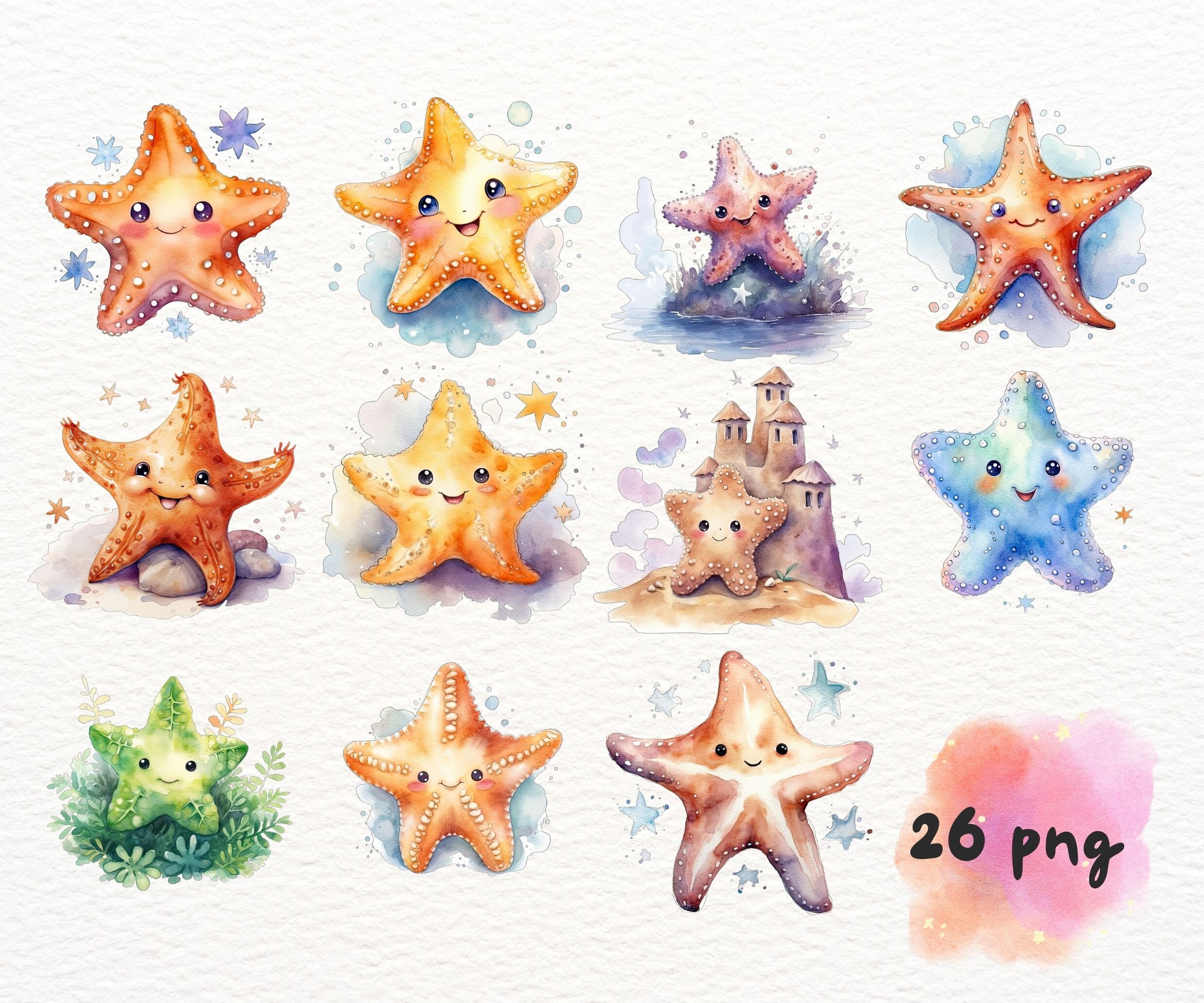 Chubby Star Fish Watercolor Clipart Cute Kawaii Cartoon Sea Stars, Baby ...