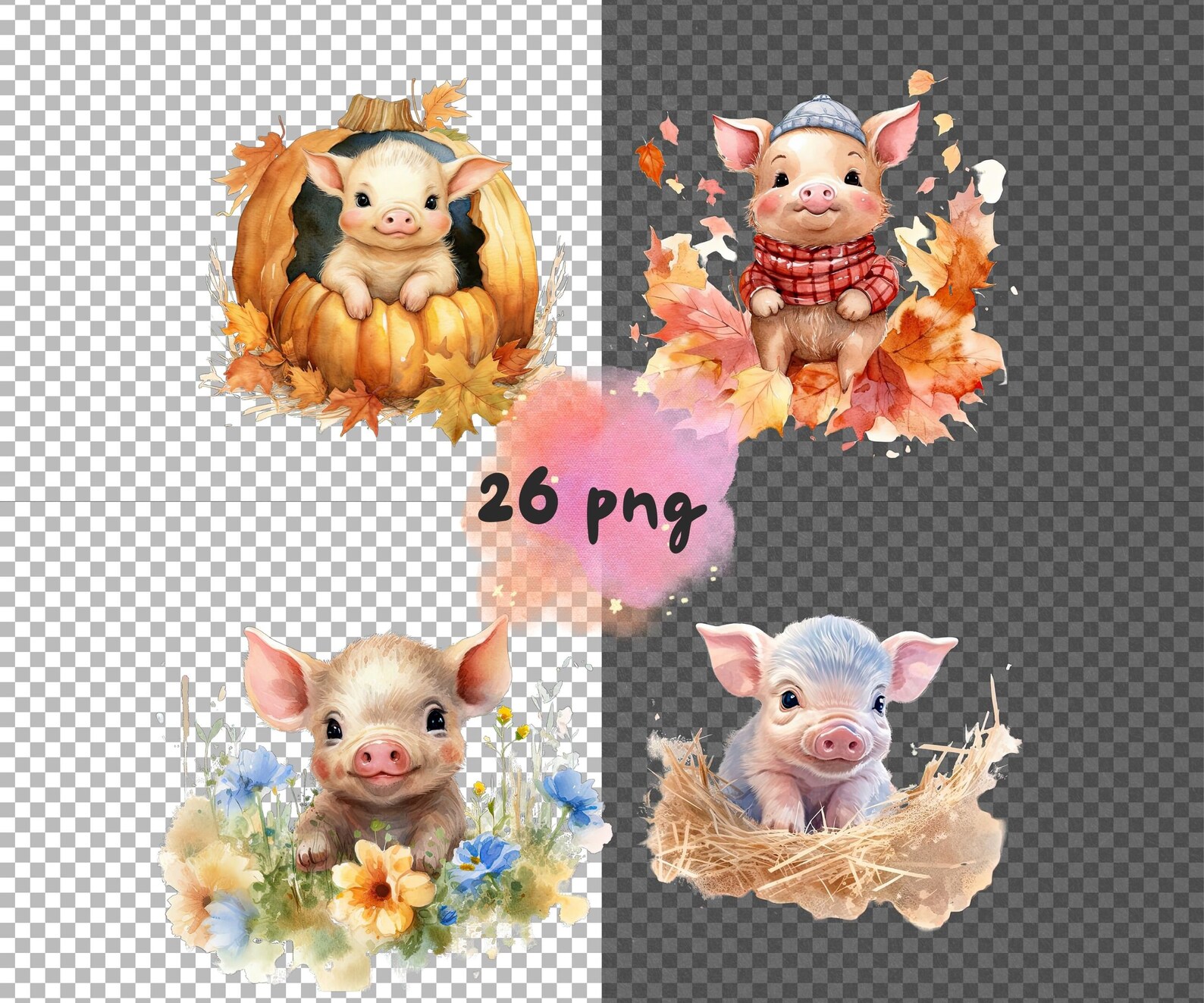 Chubby Piglets Watercolor Clipart Cute Kawaii Cartoon Piglets, Baby ...