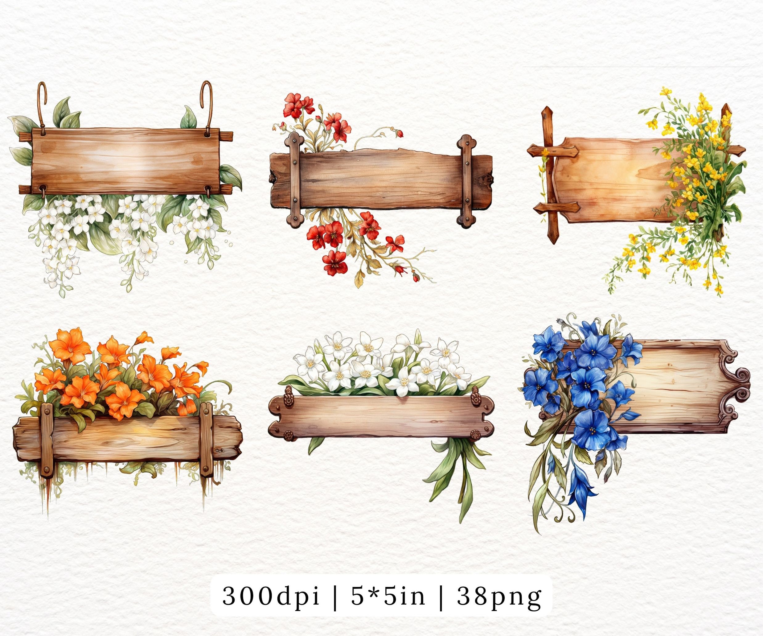Watercolor Wooden Signs Clipart, Vintage Village Rustic Road and Door ...