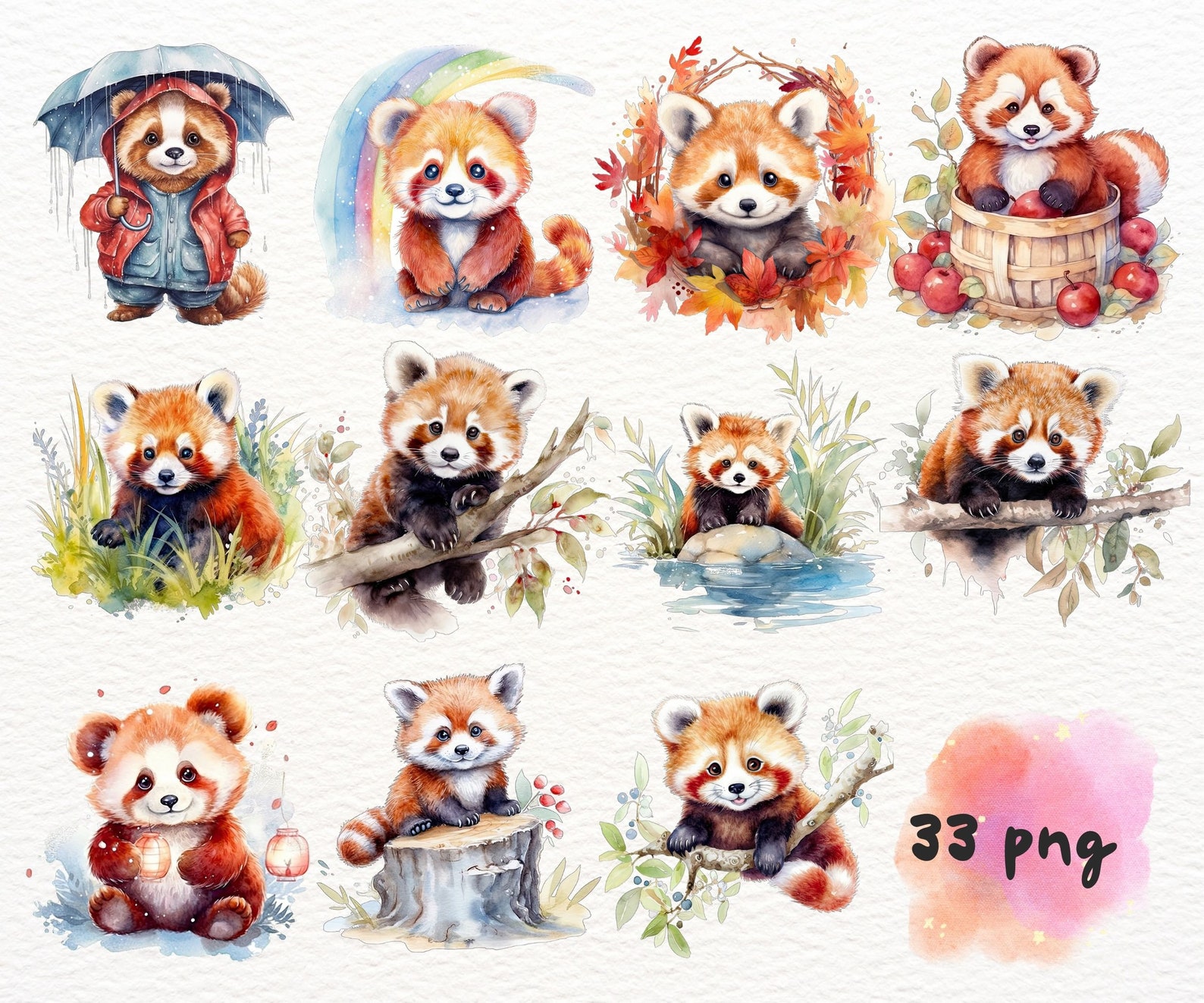 Chubby Red Pandas Watercolor Clipart Cute Kawaii Cartoon Red Pandas ...