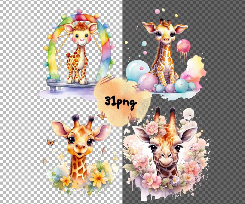 Chubby Giraffes Watercolor Clipart Cute Kawaii Cartoon Giraffes, Baby ...