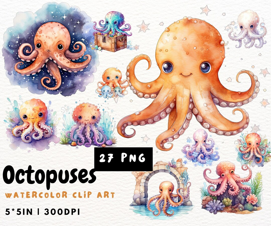 Chubby Octopuses Watercolor Clipart Cute Kawaii Cartoon - Etsy