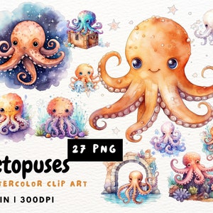 Chubby Octopuses Watercolor Clipart Cute Kawaii Cartoon - Etsy