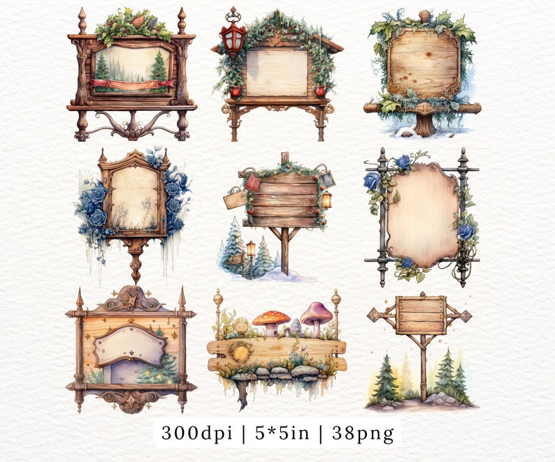 Watercolor Wooden Sign Clipart, Vintage Forest Magical Road Signs With ...