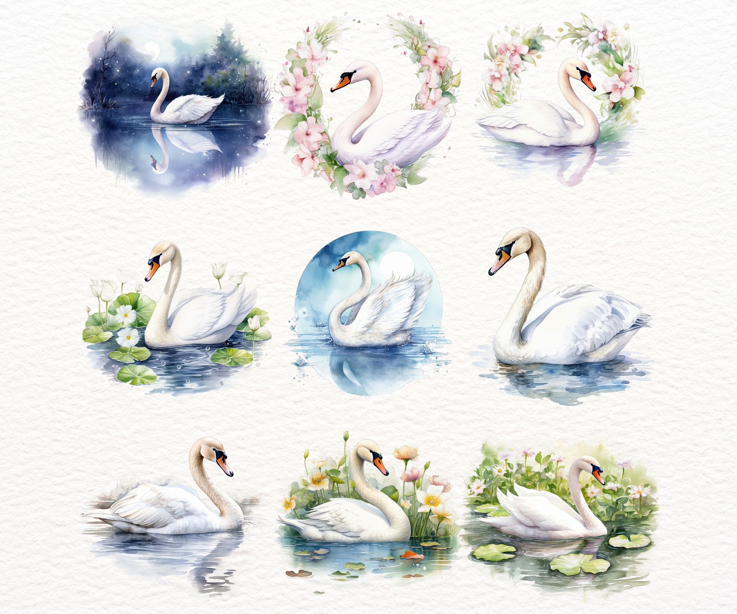 Swans Watercolor Clipart, Cute Elegant Cartoon Black Swans With Flowers ...