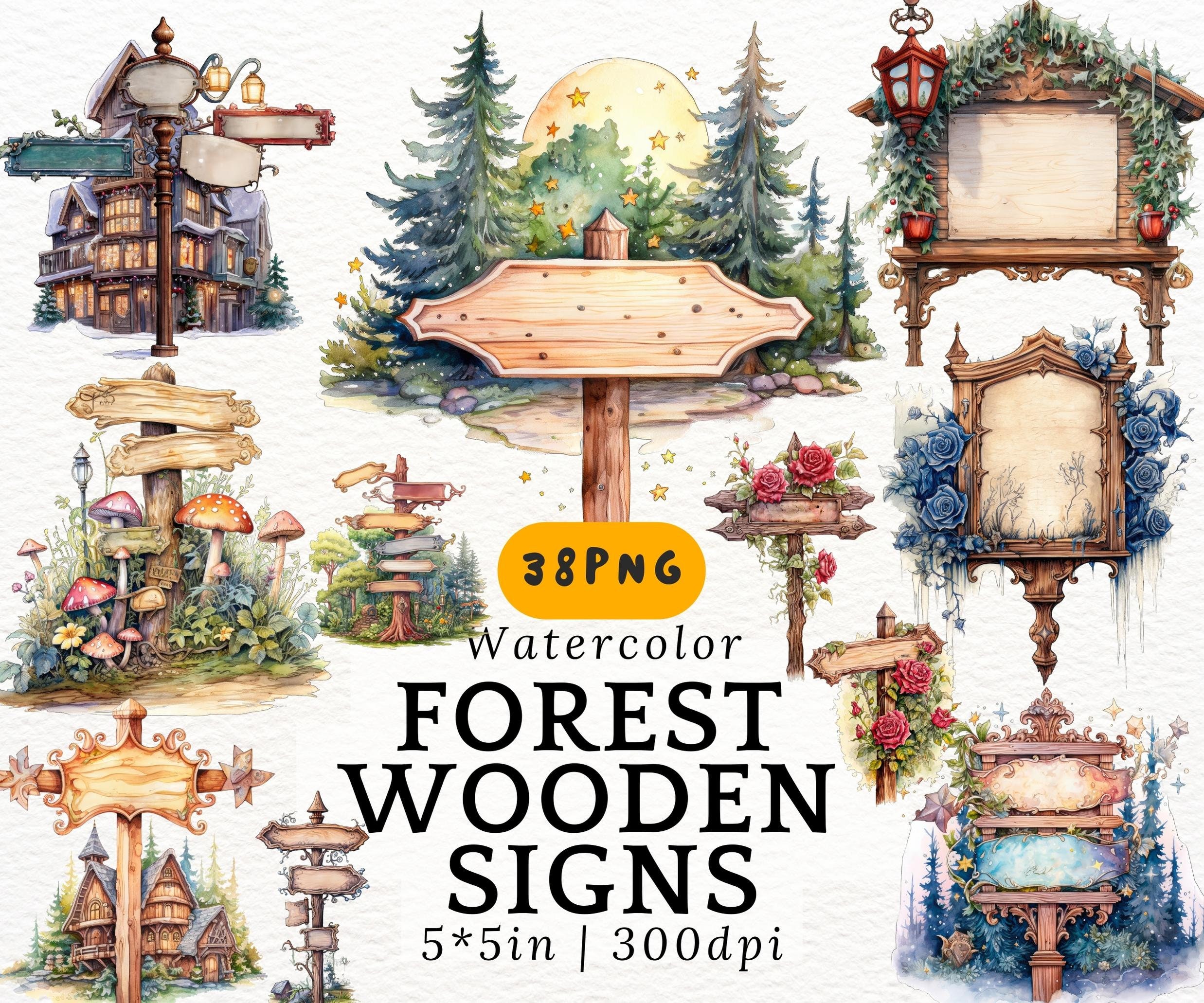 Watercolor Wooden Sign Clipart, Vintage Forest Magical Road Signs With ...