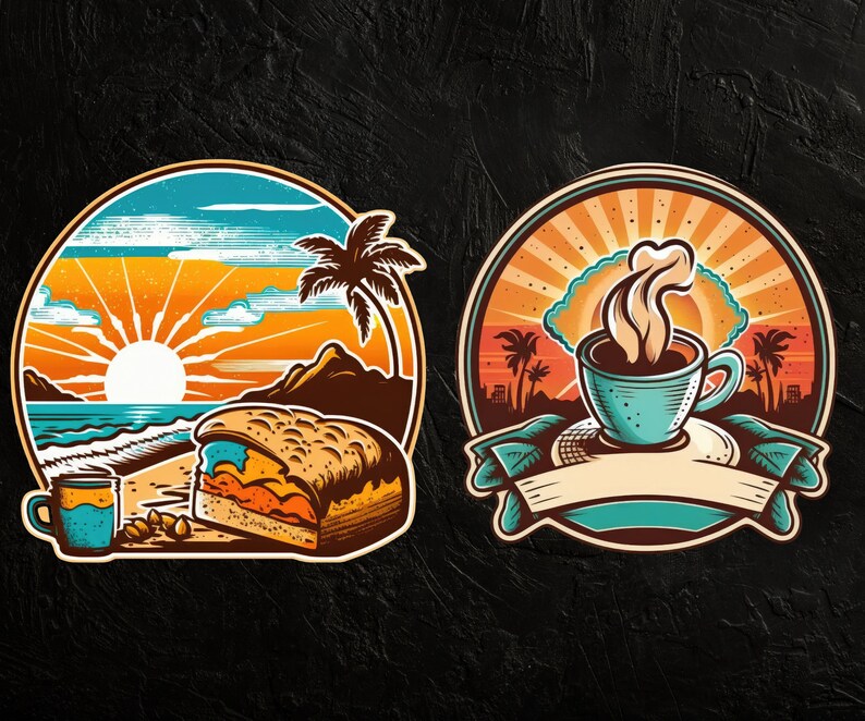 Retro Coffee Sticker Bundle - Sunrise Beach Coffee Cup Pngs - Printable ...