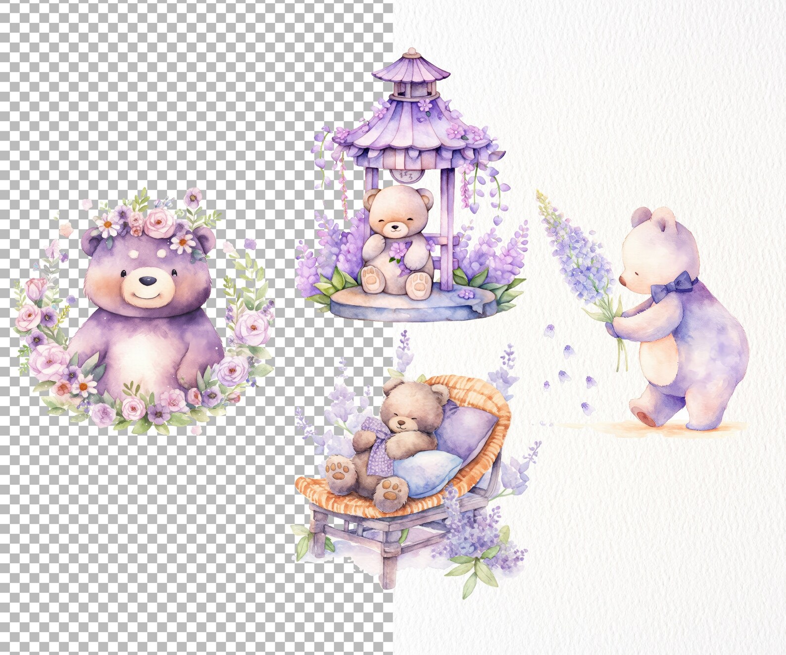 Purple Bear Clipart, Kawaii Cartoon Cuddly Bear, Watercolor Pastel Baby ...