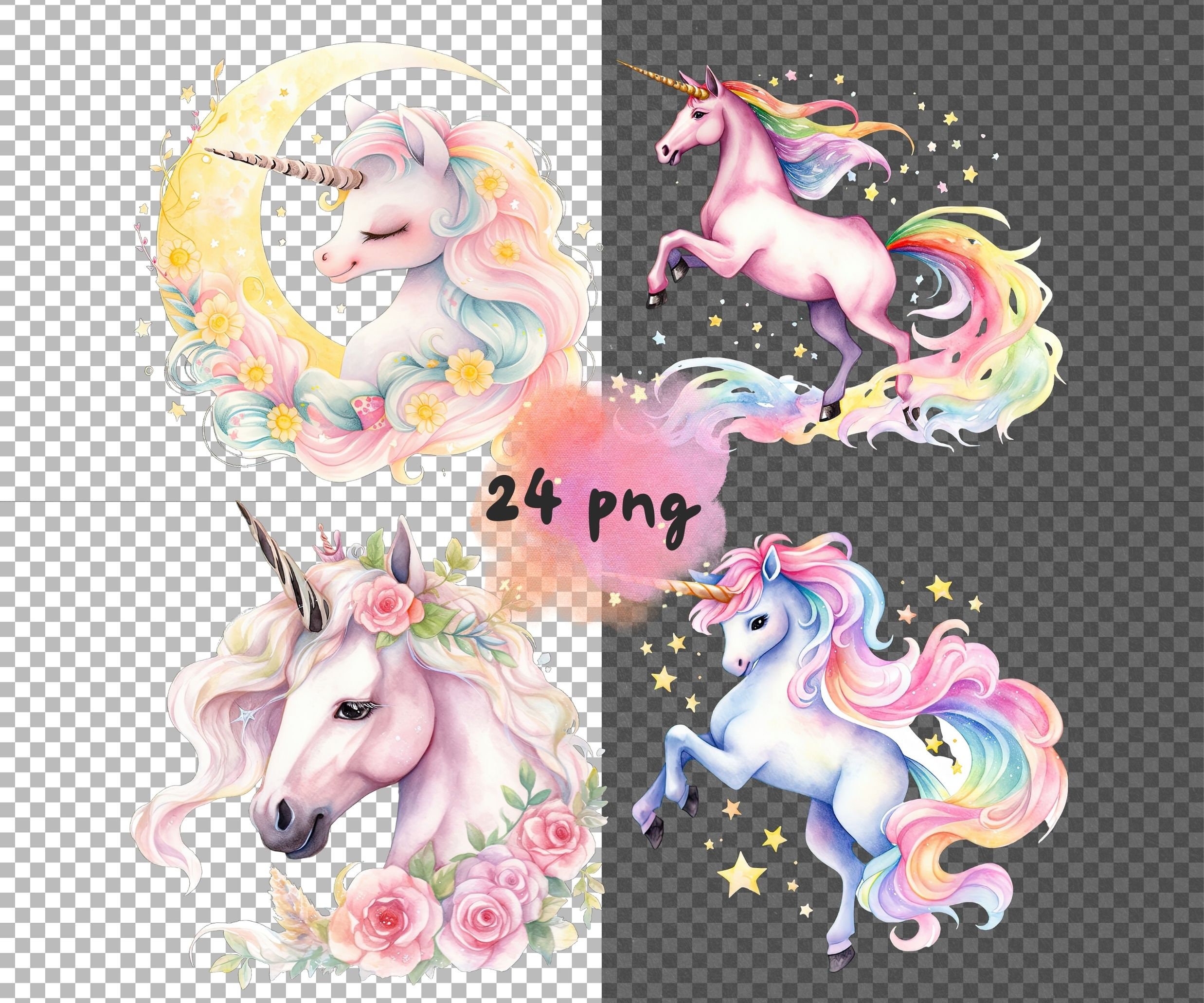Cartoon Unicorns Watercolor Clipart Cute Kawaii Dreamy Pink Chubby ...