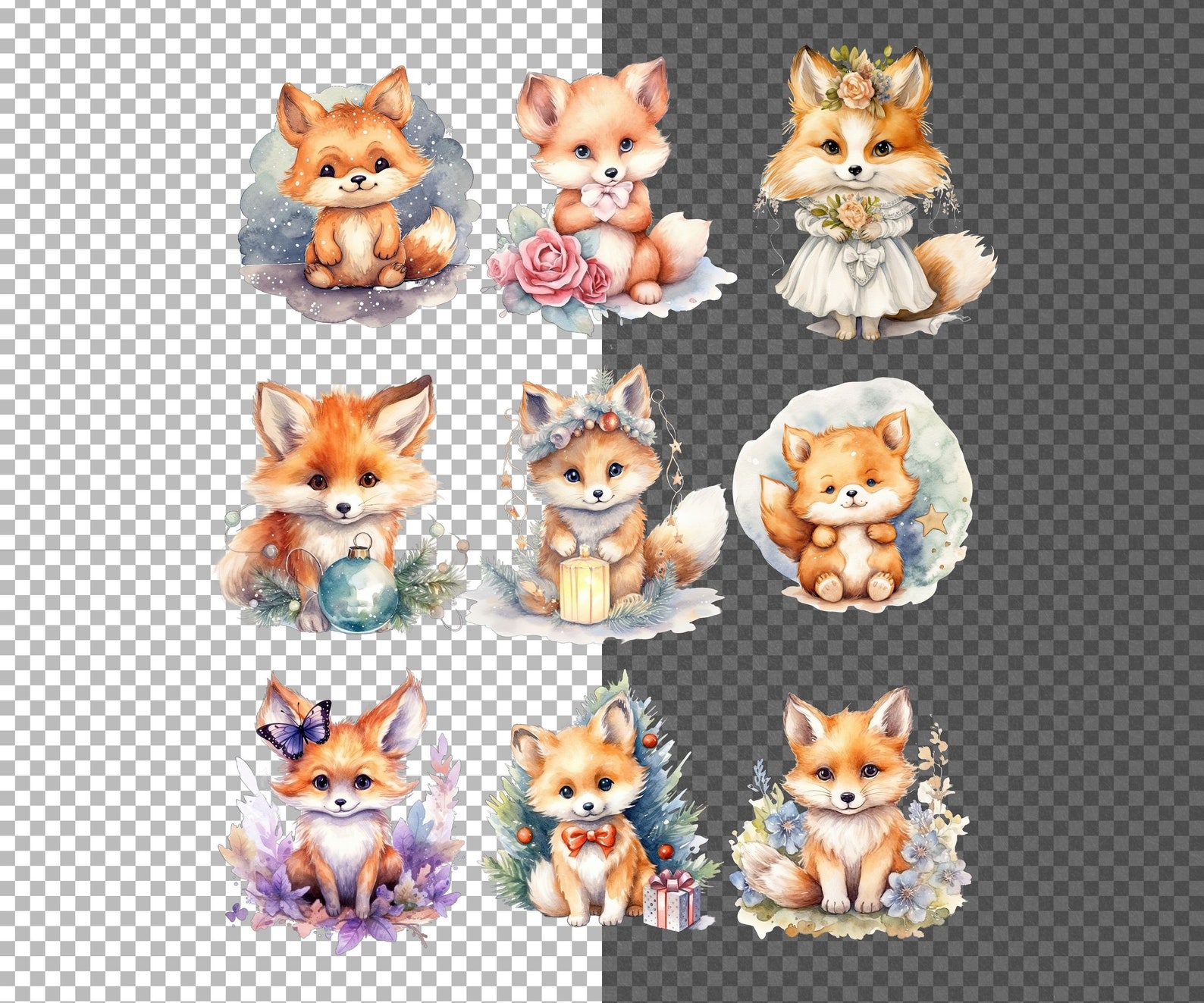Chubby Foxes Watercolor Clipart Cute Kawaii Cartoon Foxes, Baby Foxes ...