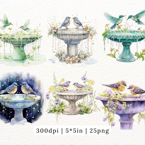 Watercolor Bird Clipart, Vintage Birdbath Clipart, Spring Clipart ...