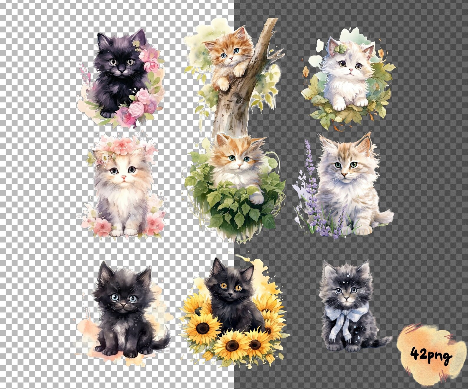 Chubby Kittens Watercolor Clipart - Cute Kawaii Cartoon Kittens, Baby ...