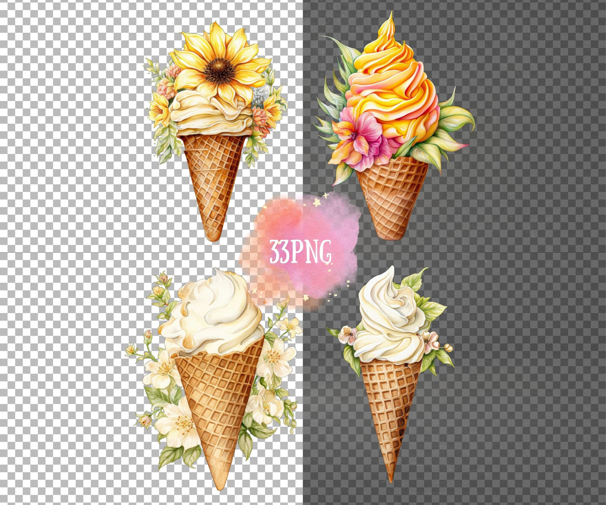 Watercolor Ice Cream Cone Clipart, Ice Cream With Flowers,plants,pastel ...