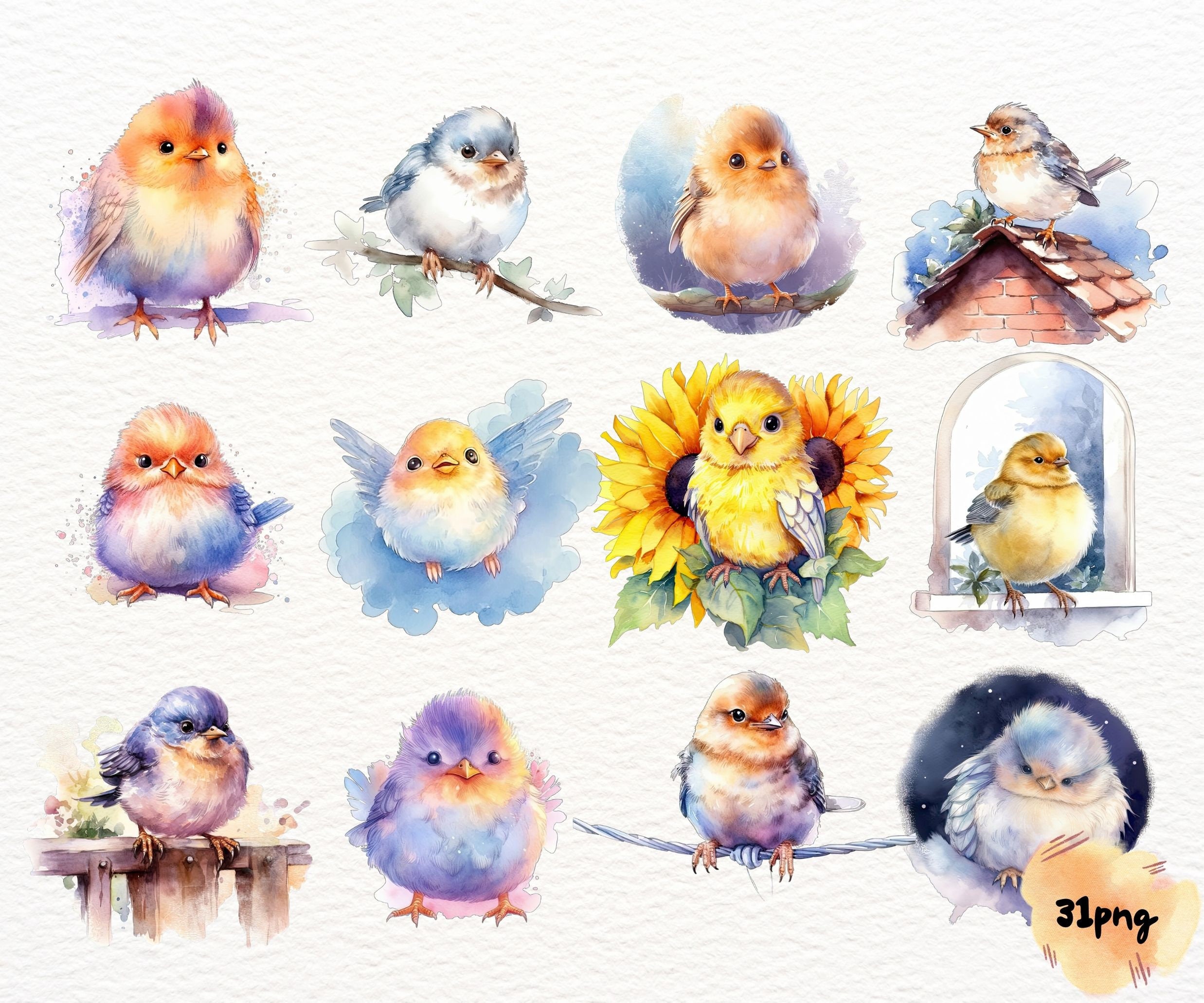 Chubby Birds Watercolor Clipart - Cute Kawaii Cartoon Birds, Baby Birds ...
