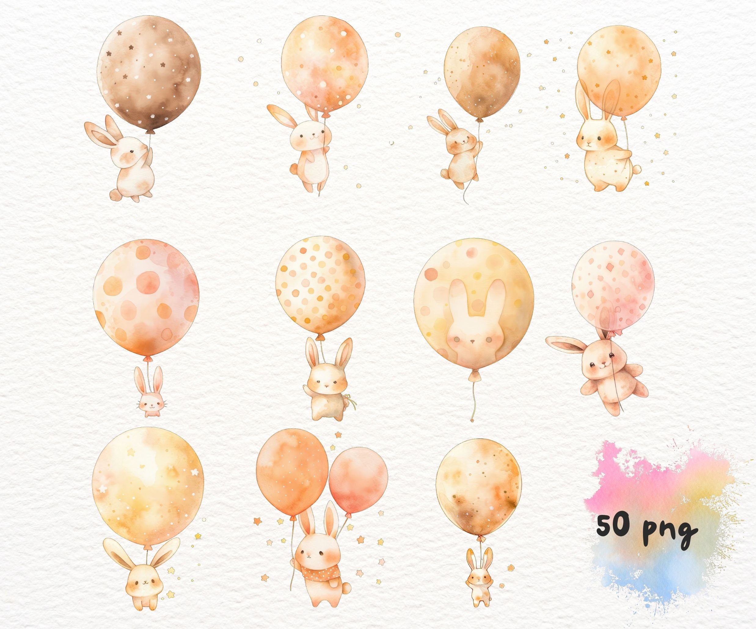 Watercolor Rabbit Balloon Cliparts, Kawaii Cartoon Balloon With Bunny ...