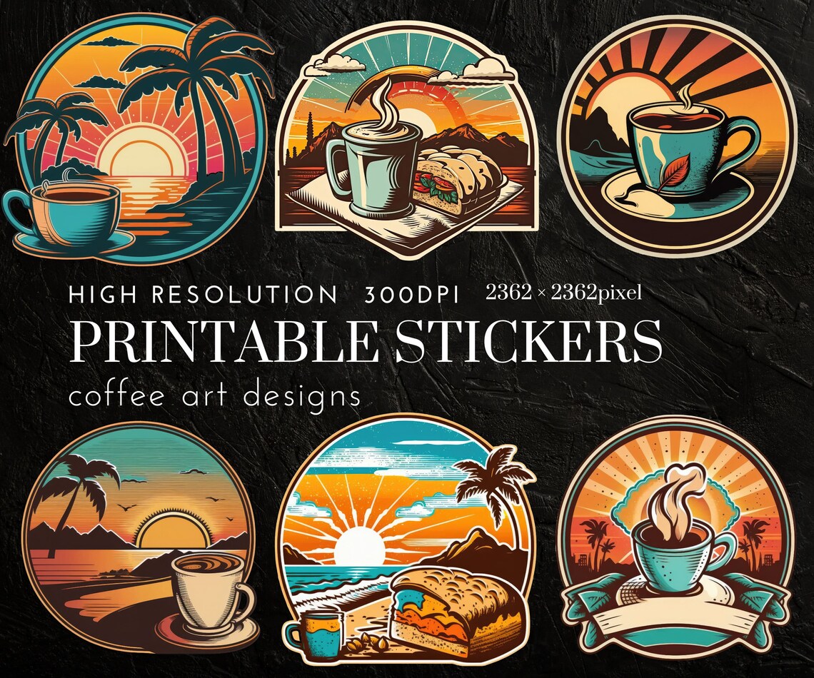 Retro Coffee Sticker Bundle - Sunrise Beach Coffee Cup Pngs - Printable ...