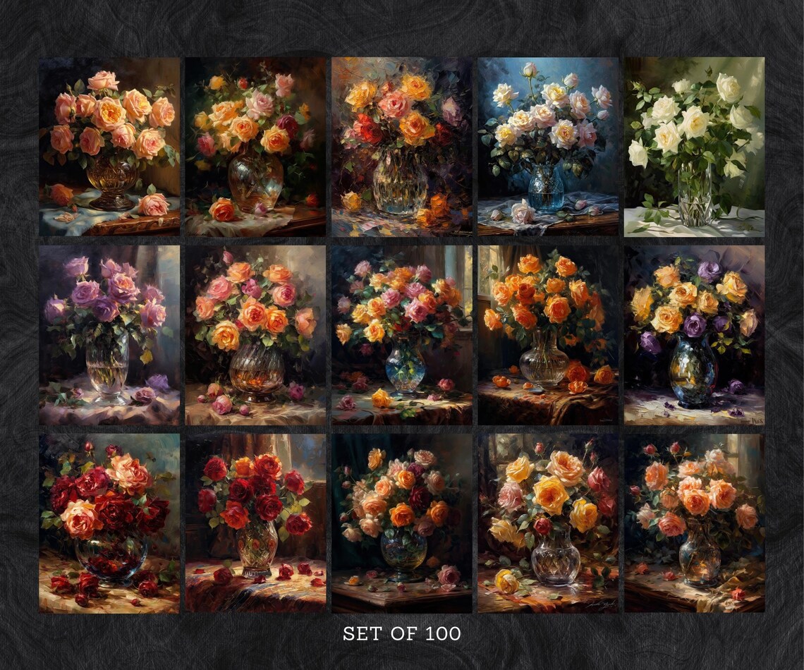 Rose Oil Paintings, Vintage Roses Wall Art Print, Roses With Glass Vase ...