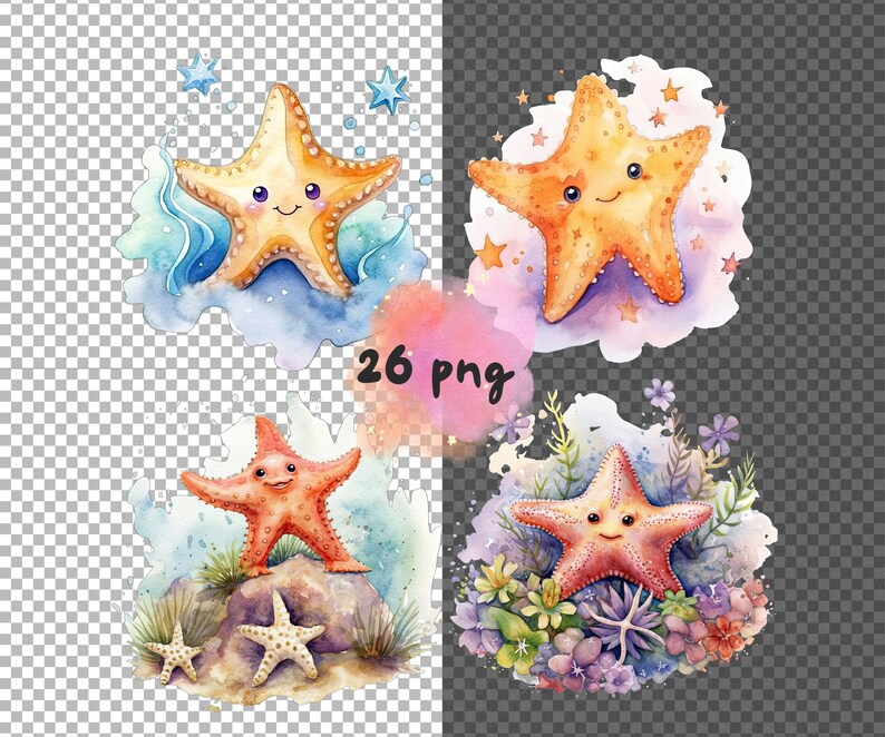 Chubby Star Fish Watercolor Clipart Cute Kawaii Cartoon Sea Stars, Baby ...