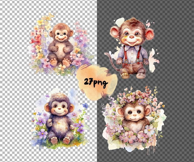 Chubby Monkeys Watercolor Clipart - Cute Kawaii Cartoon Monkeys, Baby ...