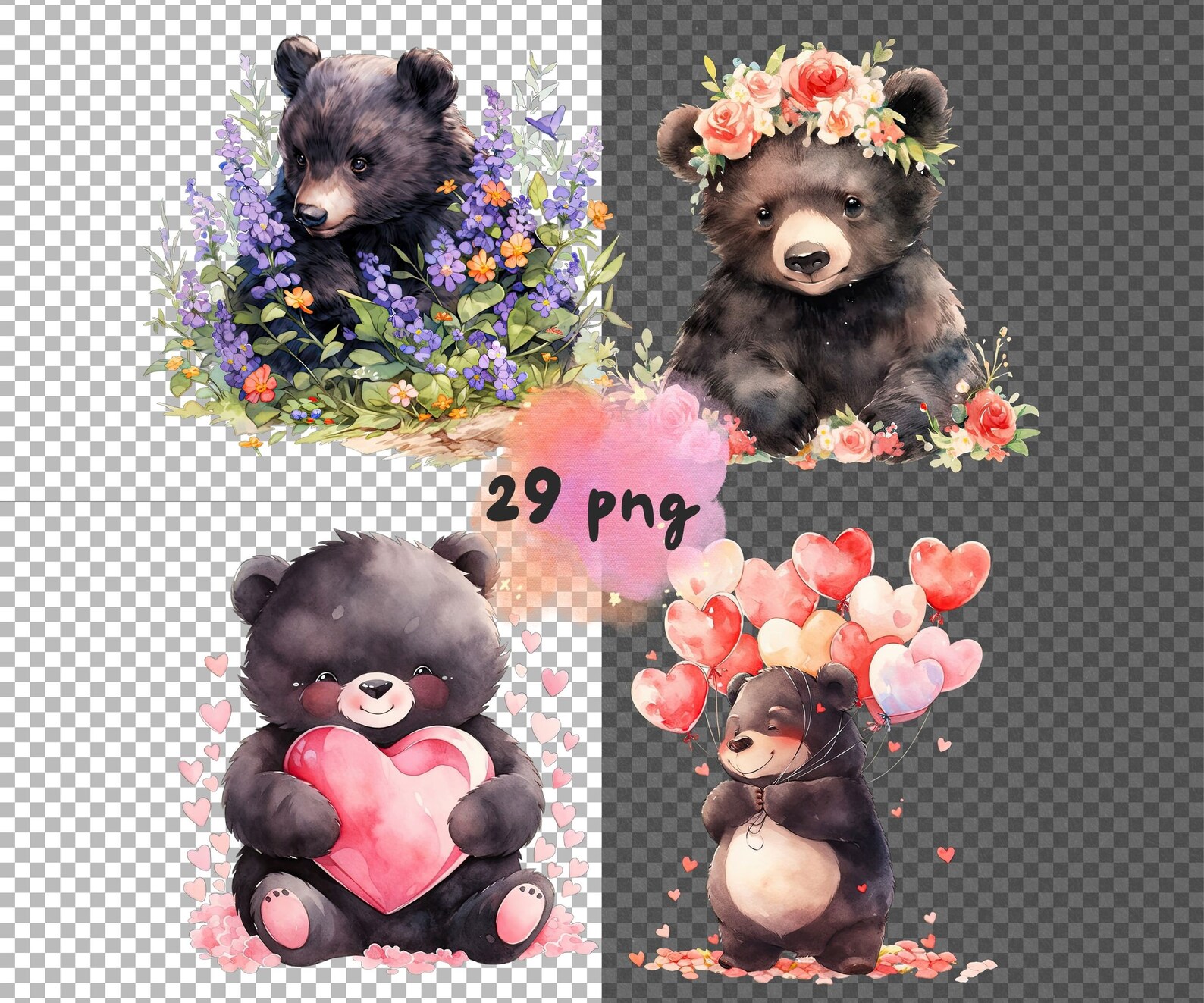 Chubby Black Bear Watercolor Clipart Kawaii Cartoon Black - Etsy