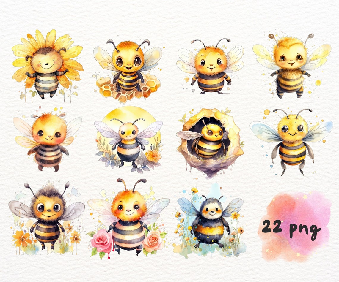 Chubby Bees Watercolor Clipart Cute Kawaii Cartoon Bees - Etsy