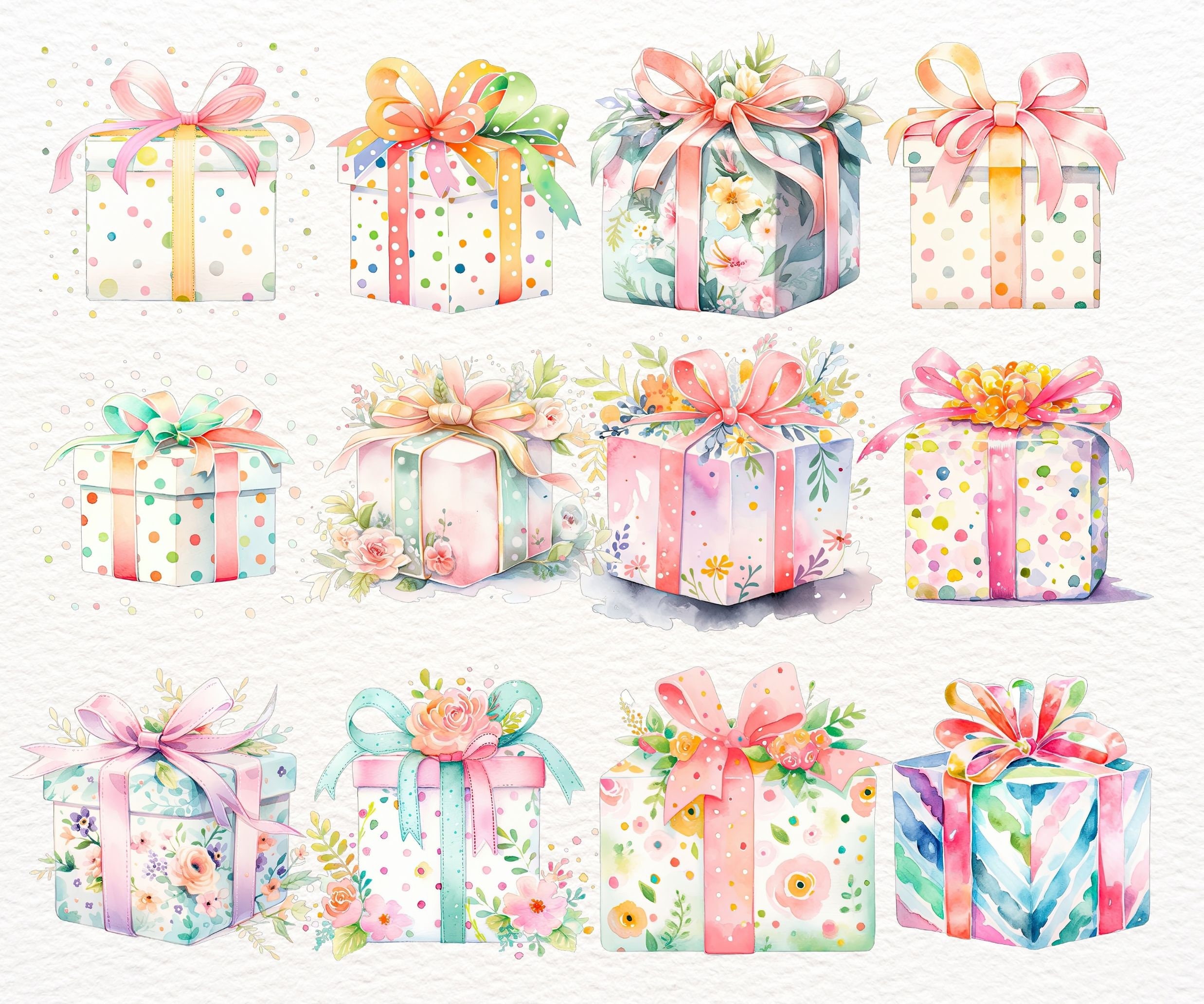 Watercolor Gift Boxes Clipart Colorful Cartoon Gifts Baby - Etsy