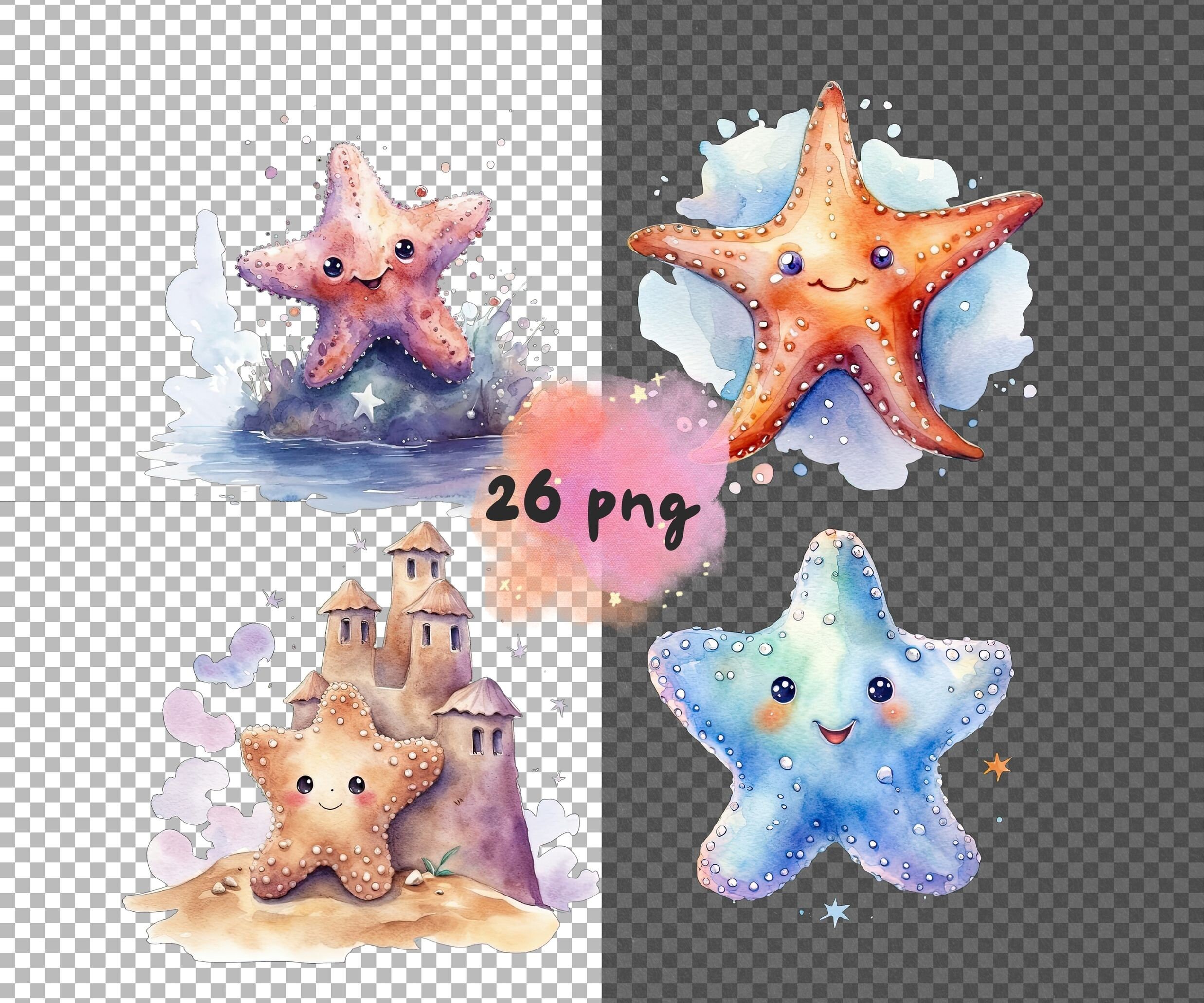 Chubby Star Fish Watercolor Clipart Cute Kawaii Cartoon Sea Stars, Baby ...
