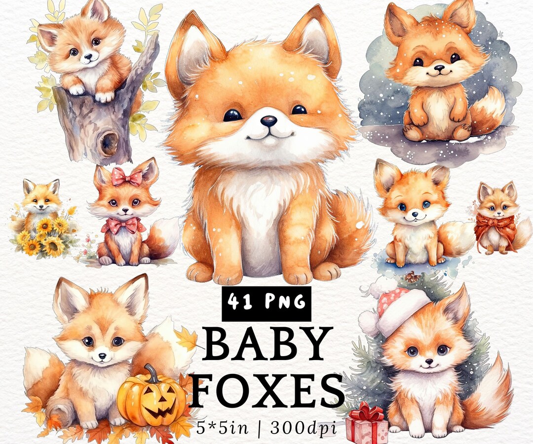 Chubby Foxes Watercolor Clipart - Cute Kawaii Cartoon Foxes, Baby Foxes ...