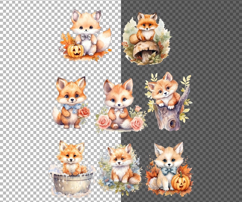 Chubby Foxes Watercolor Clipart Cute Kawaii Cartoon Foxes, Baby Foxes ...