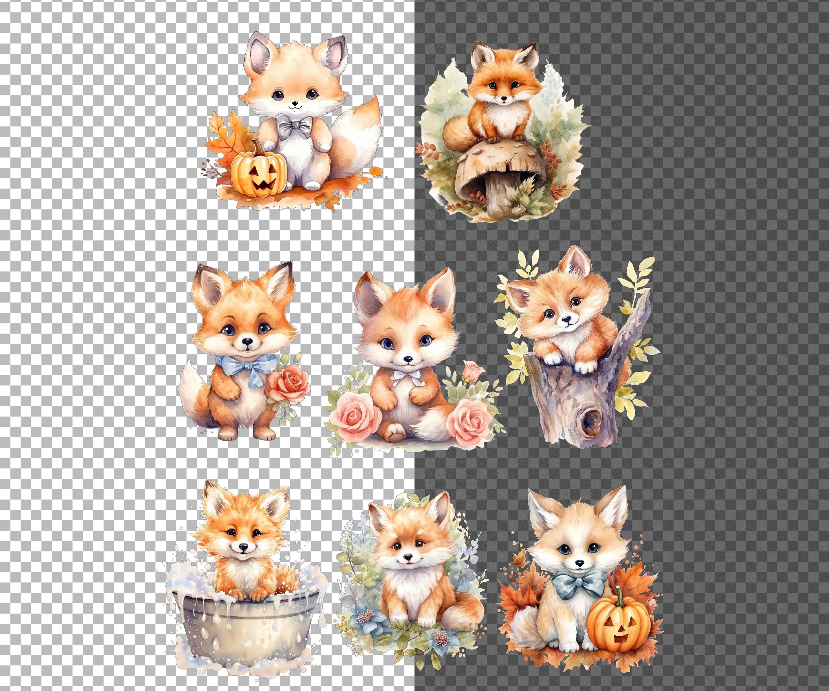 Chubby Foxes Watercolor Clipart Cute Kawaii Cartoon Foxes, Baby Foxes ...