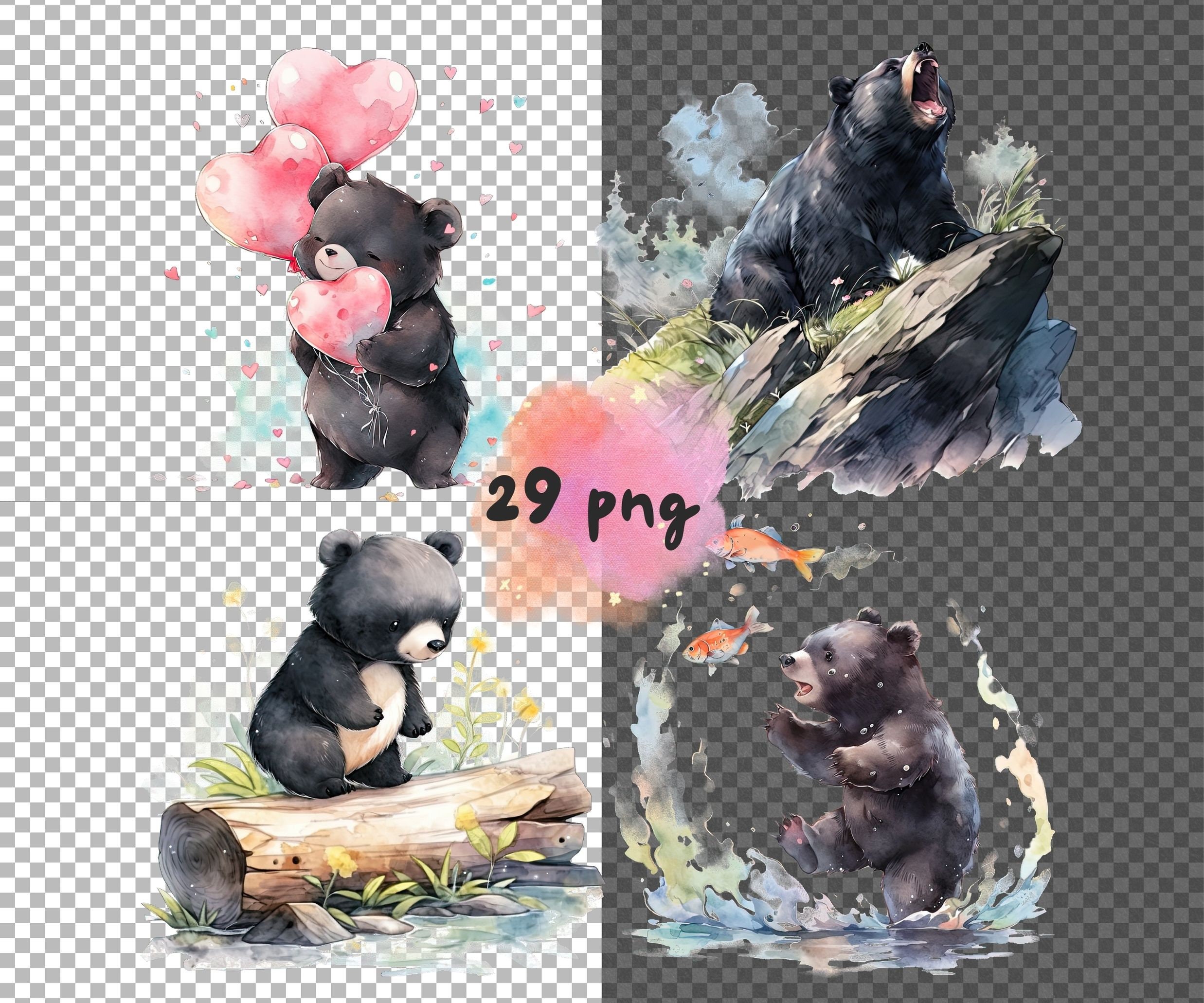 Chubby Black Bear Watercolor Clipart Kawaii Cartoon Black - Etsy