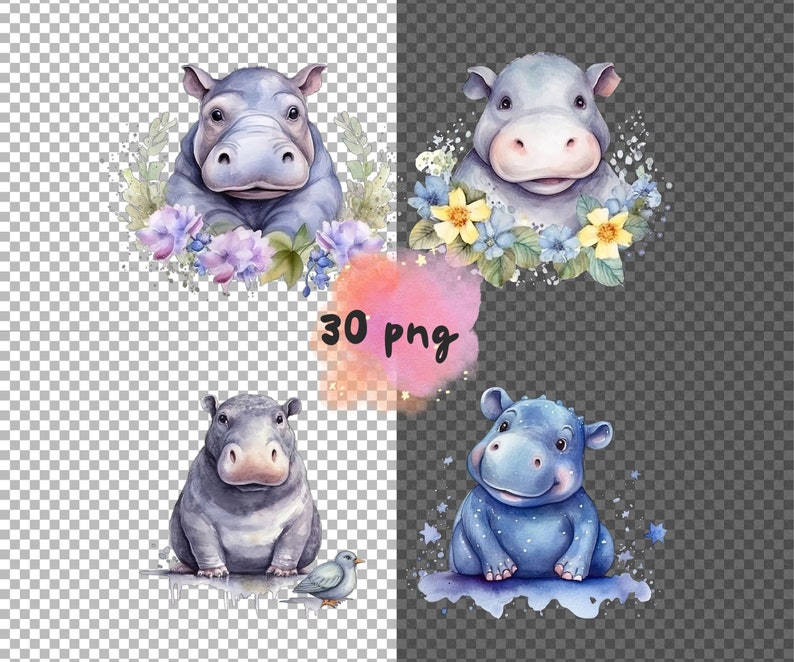 Chubby Hippos Watercolor Clipart Cute Kawaii Cartoon Hippos, Baby ...