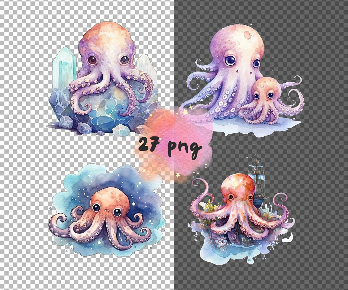 Chubby Octopuses Watercolor Clipart Cute Kawaii Cartoon - Etsy