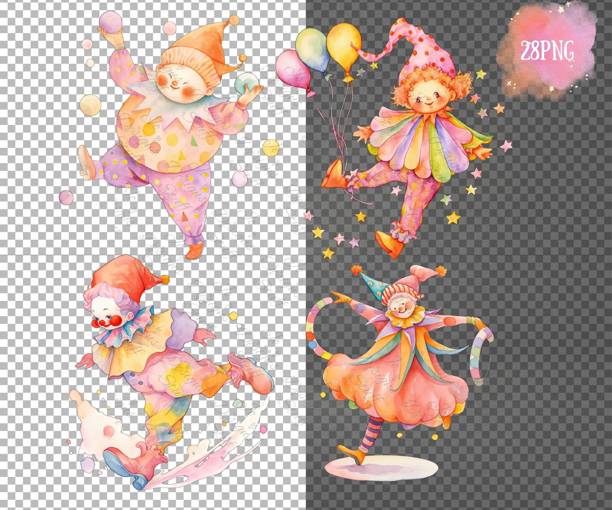 Watercolor Dancing Clown Clipart, Cute Cartoon Pastel Carnival Clown ...