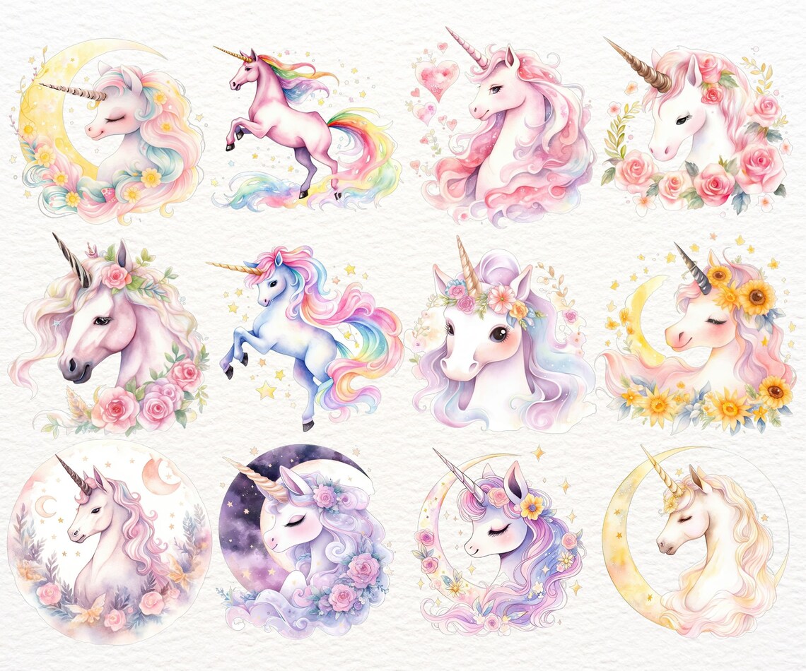 Cartoon Unicorns Watercolor Clipart Cute Kawaii Dreamy Pink Chubby ...